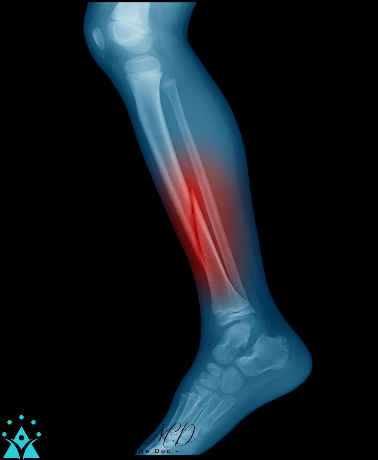 X-ray image of right leg fracture, lateral view, A 7 year old Asian boy ...